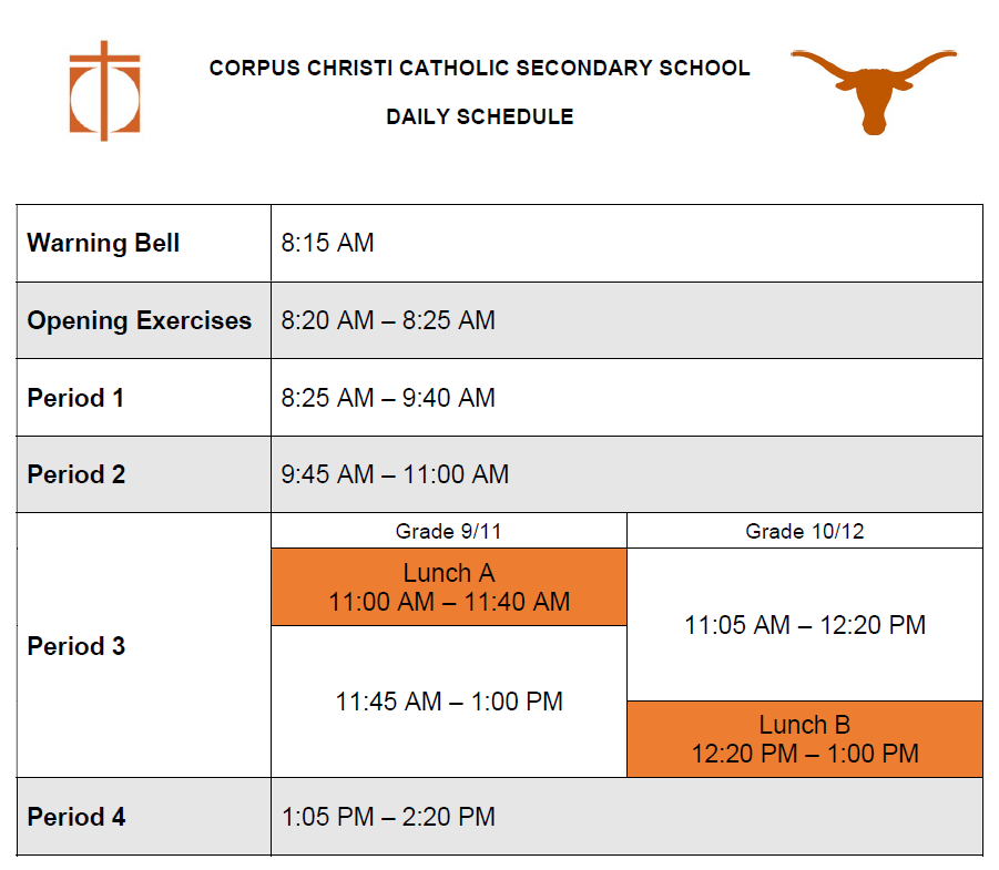 Daily Schedule | Corpus Christi Catholic Secondary School, Burlington