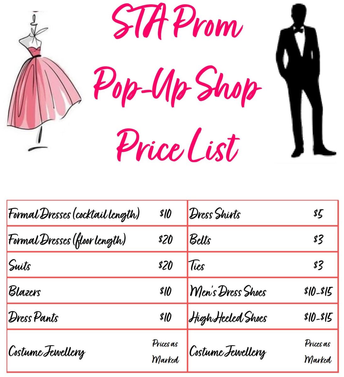 STA Prom Pop-Up Shop price list | St. Thomas Aquinas Catholic Secondary ...